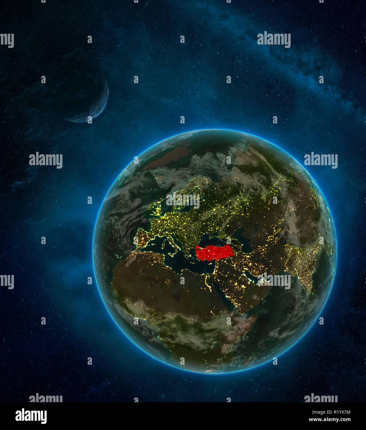 Turkey from space on Earth at night surrounded by space with Moon and ...