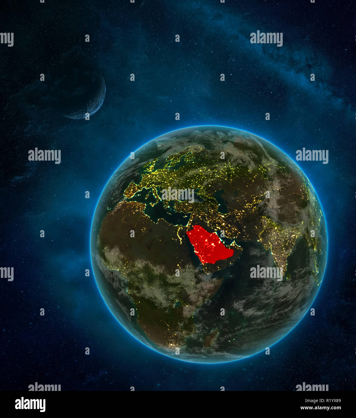Saudi Arabia from space on Earth at night surrounded by space with Moon ...