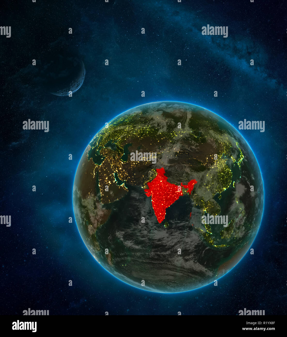 India from space on Earth at night surrounded by space with Moon and ...