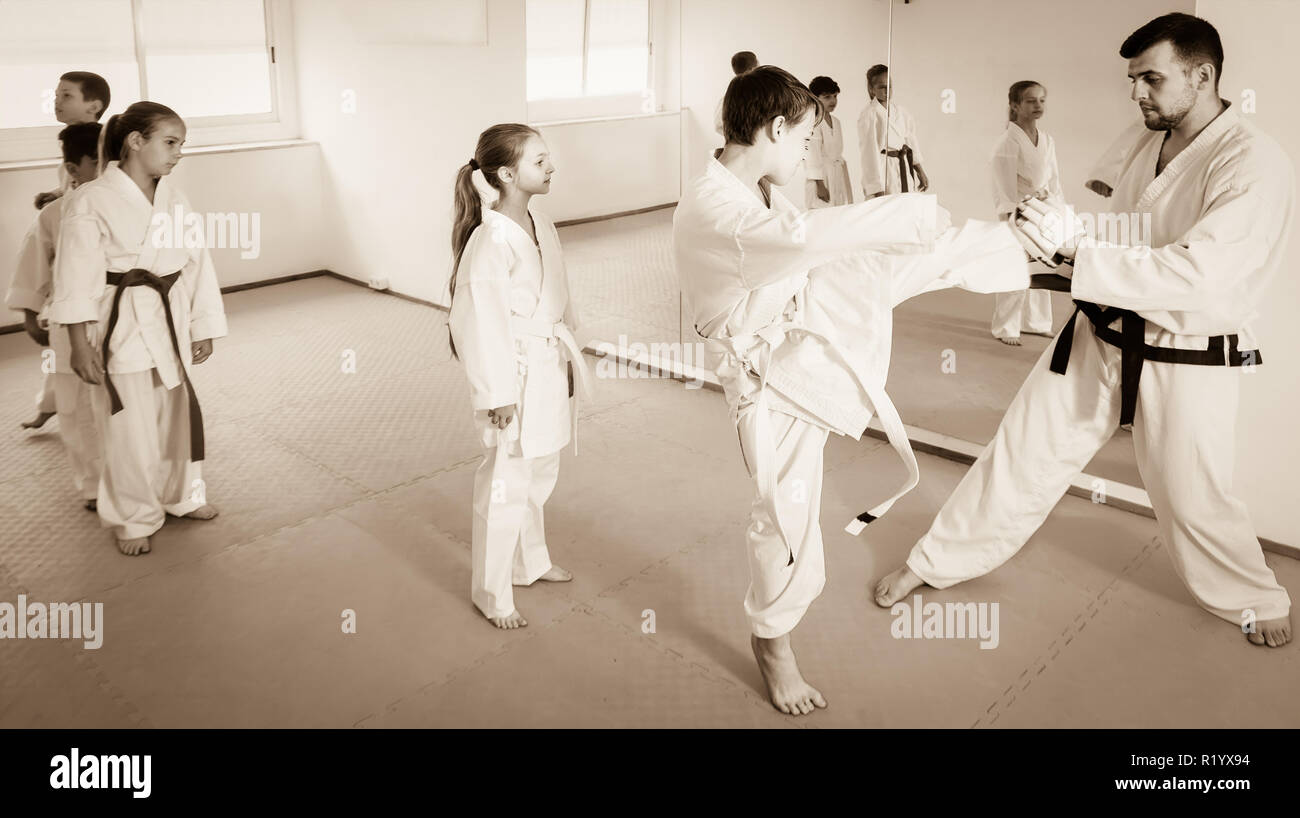 Young boys kicking with coach during karate class Stock Photo - Alamy