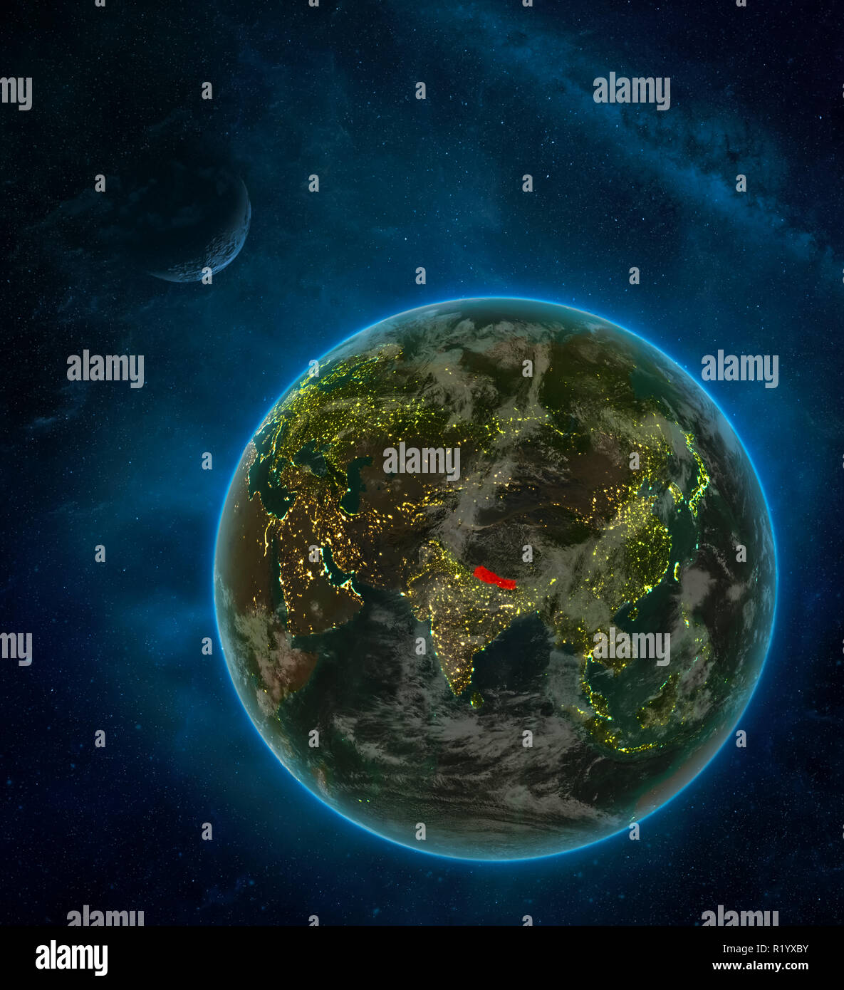 Nepal from space on Earth at night surrounded by space with Moon and ...