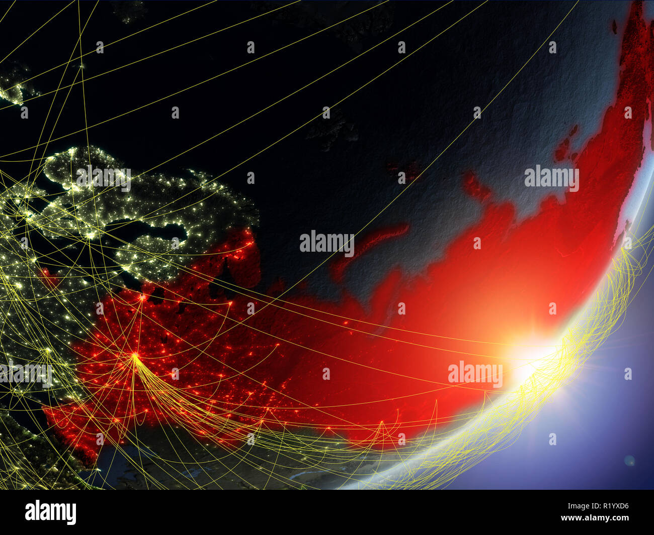 Russia on model of planet Earth with network during sunrise. Concept of ...