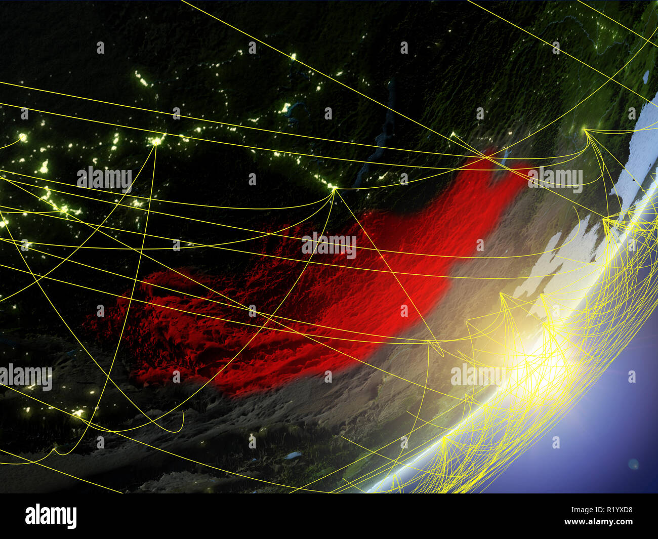 Mongolia on model of planet Earth with network during sunrise. Concept ...
