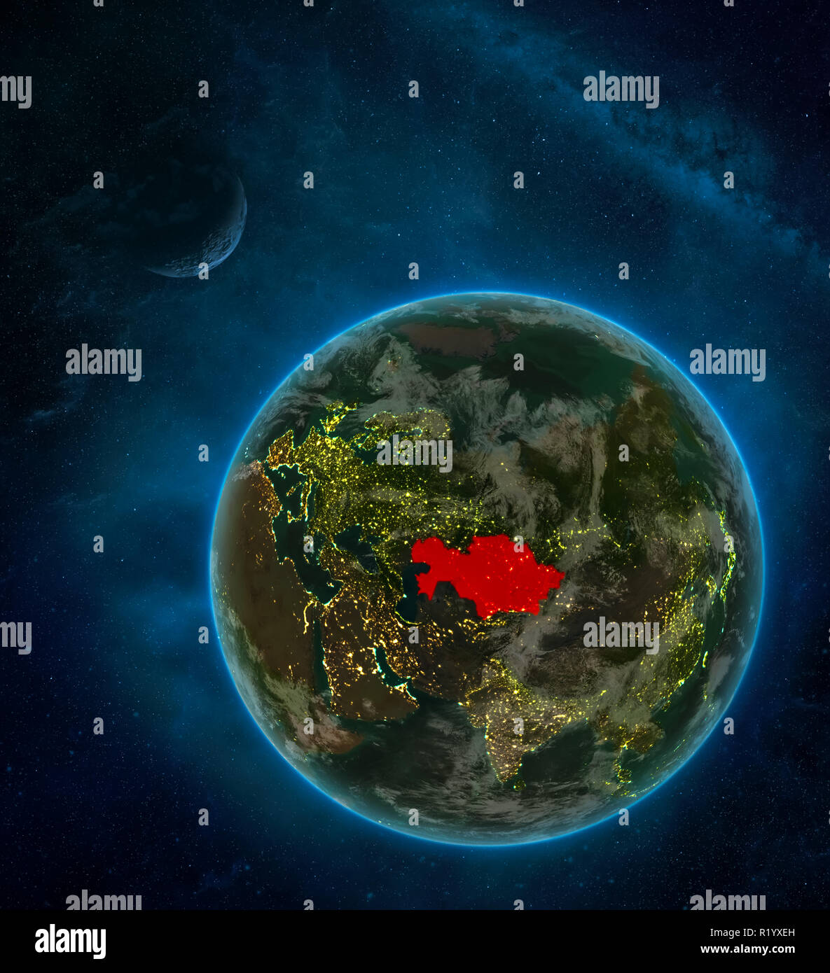 Kazakhstan from space on Earth at night surrounded by space with Moon ...
