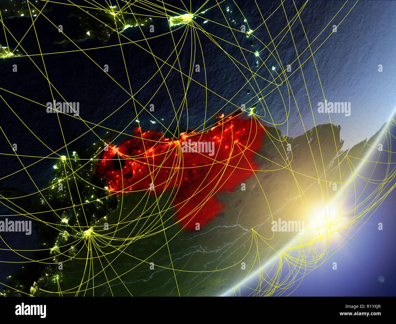 Venezuela on model of planet Earth with network during sunrise. Concept ...