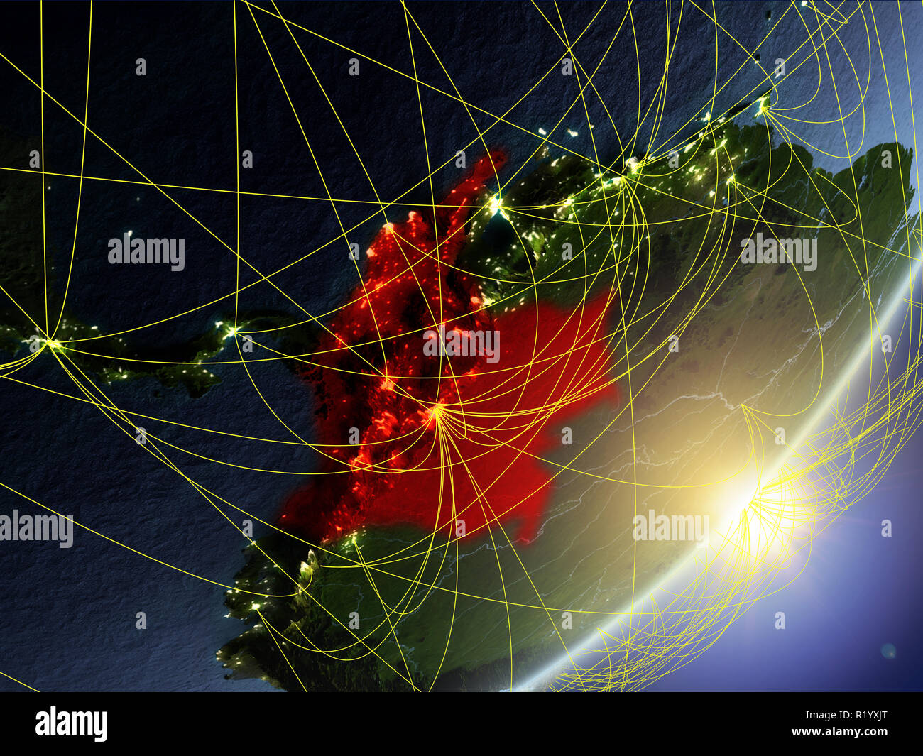 Colombia on model of planet Earth with network during sunrise. Concept ...