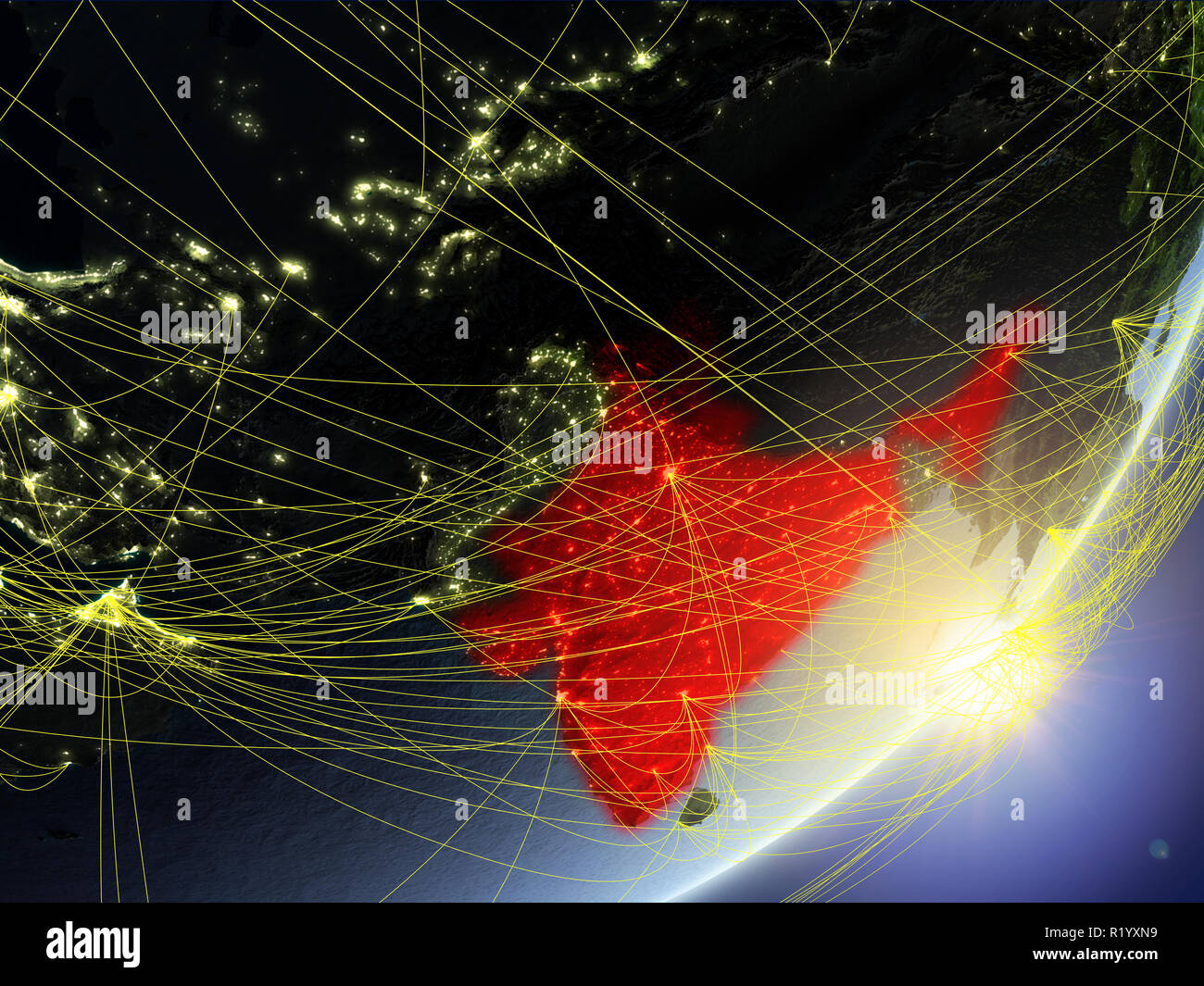 India on model of planet Earth with network during sunrise. Concept of ...