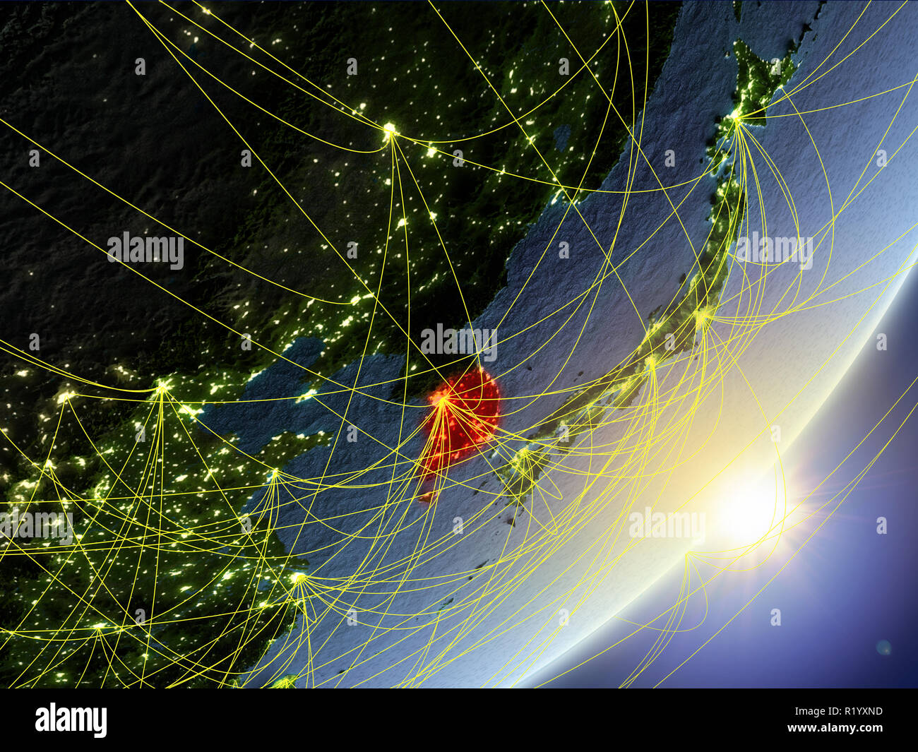 South Korea on model of planet Earth with network during sunrise ...