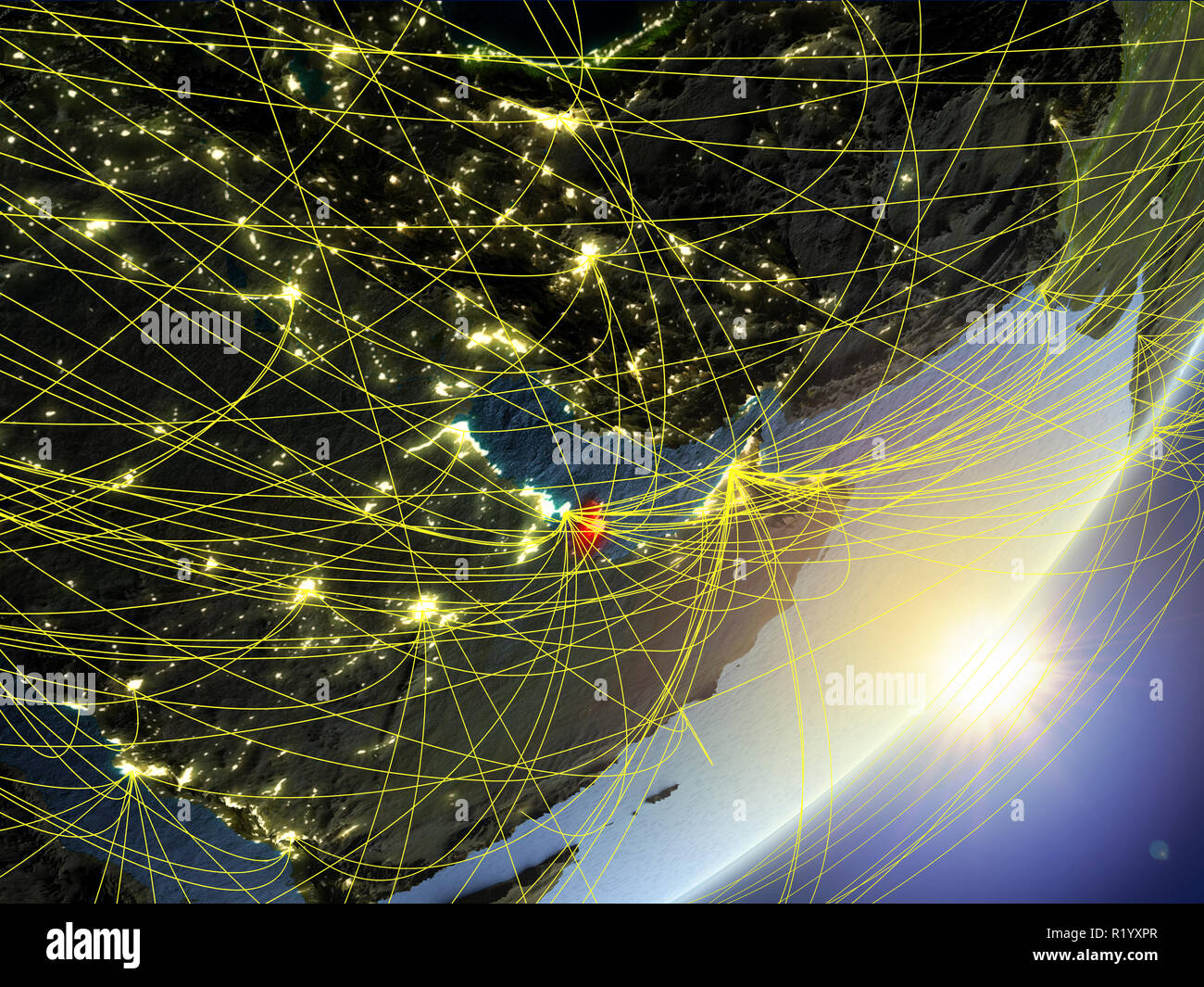 Qatar on model of planet Earth with network during sunrise. Concept of ...