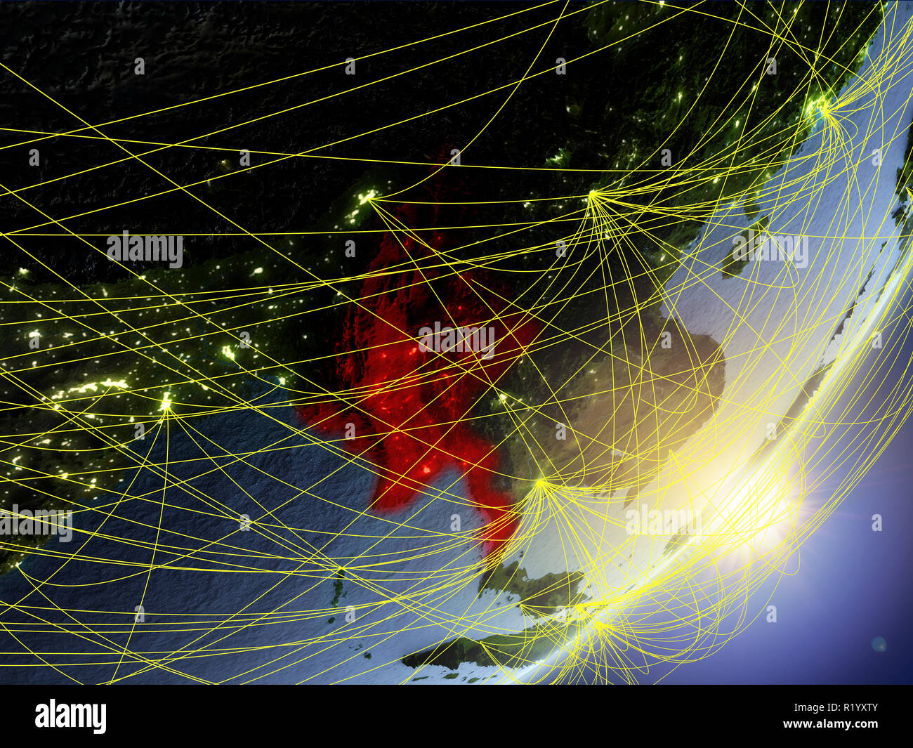 Myanmar on model of planet Earth with network during sunrise. Concept ...