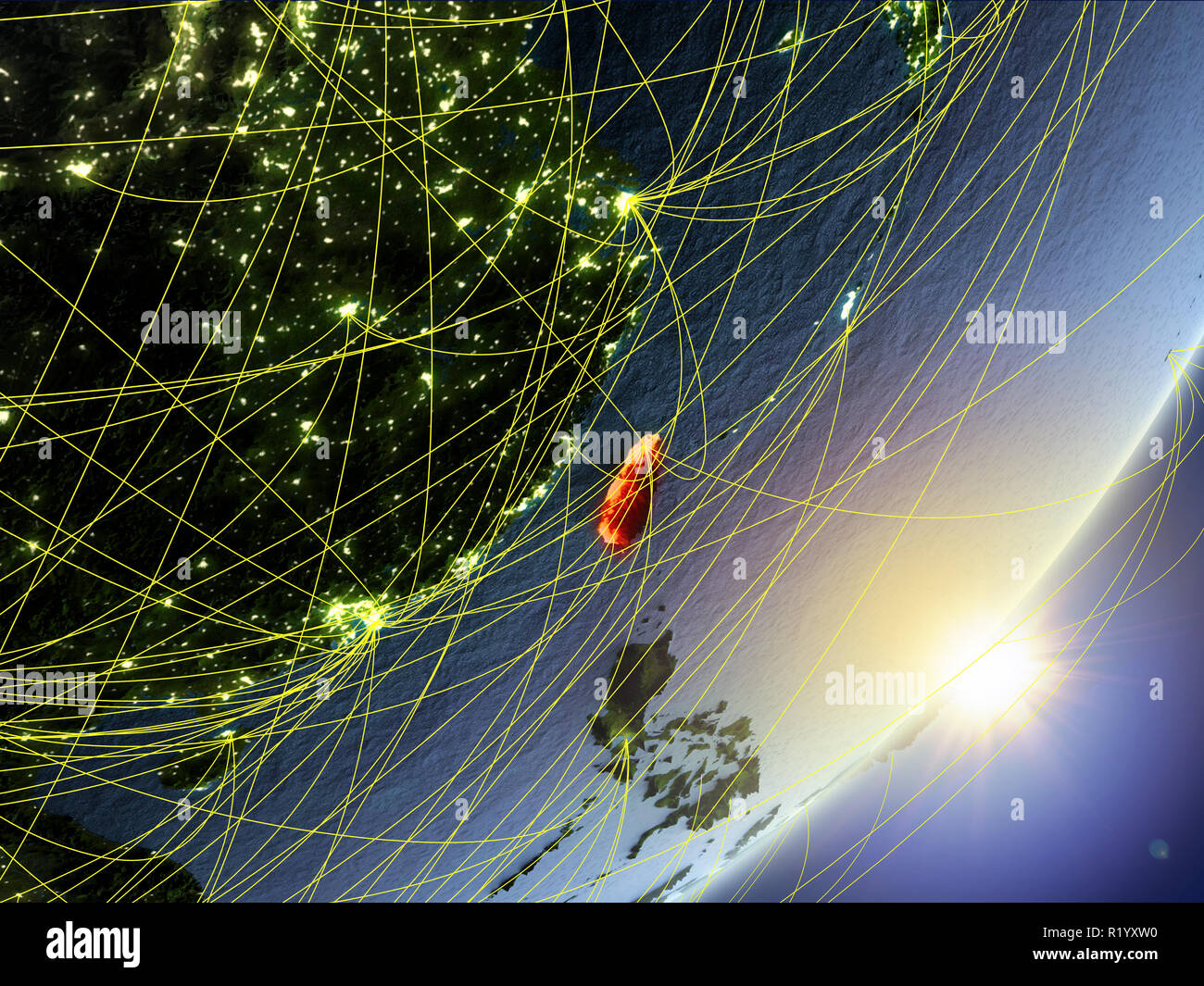 Taiwan on model of planet Earth with network during sunrise. Concept of ...