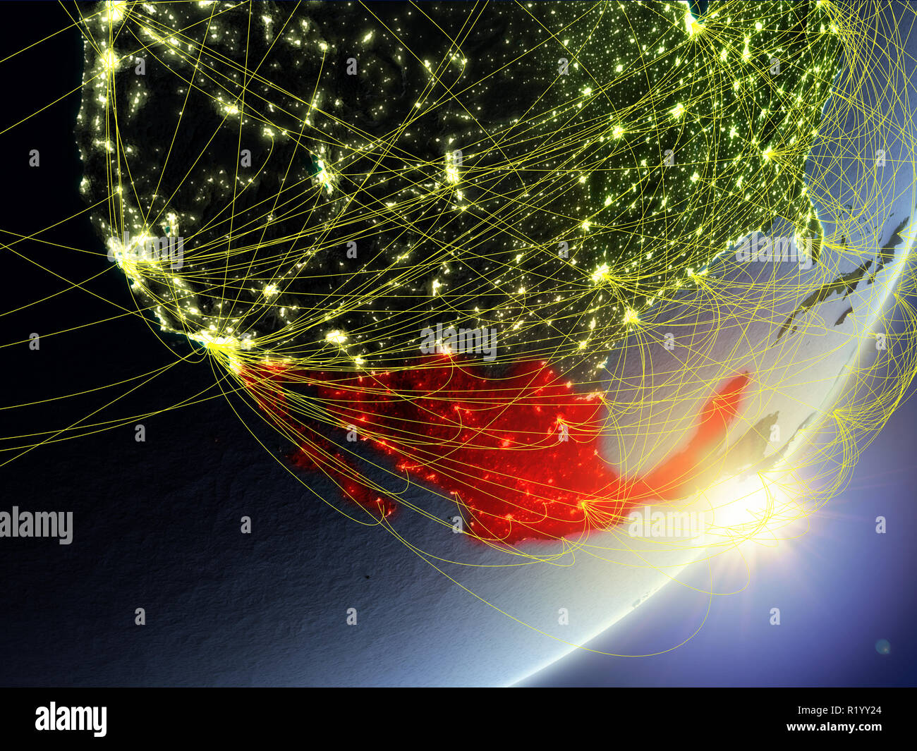 Mexico on model of planet Earth with network during sunrise. Concept of ...
