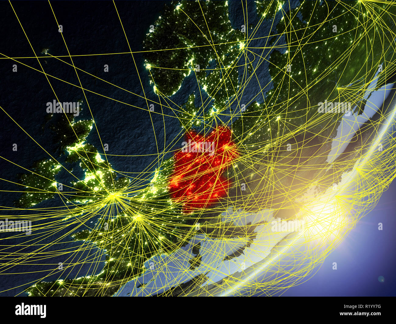 Germany on model of planet Earth with network during sunrise. Concept ...