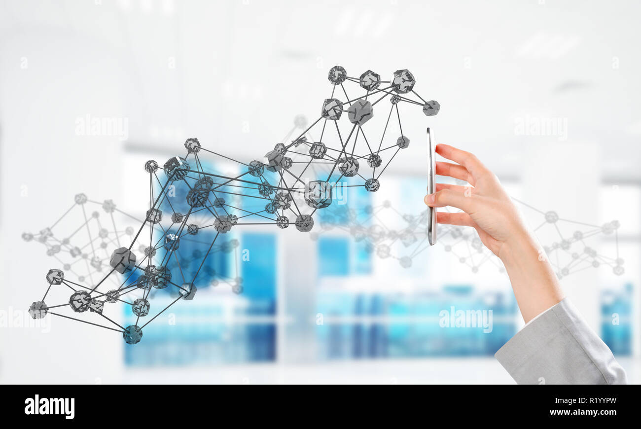 Network and future technology as connection lines in office. Mixed ...