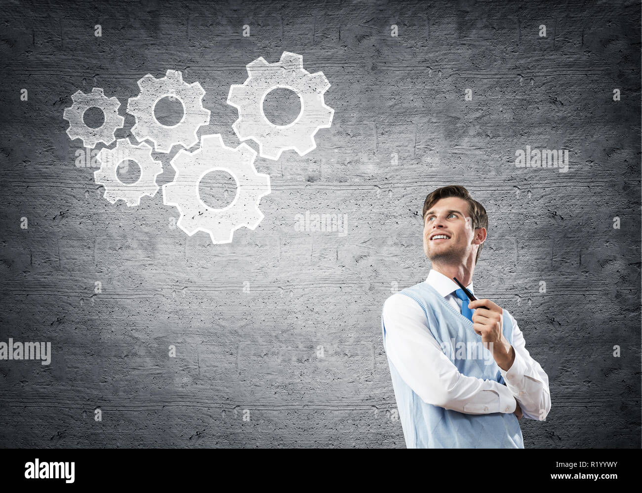 Elegant banker wearing red tie and gears as teamwork concept Stock ...