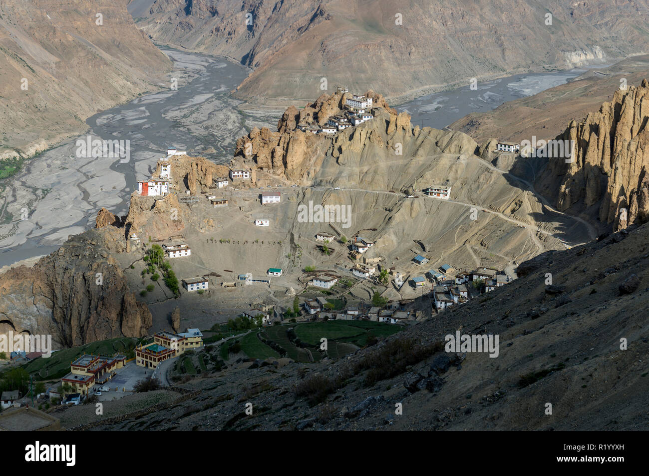 Aerial view on Dankhar Gompa, a Tibetan Buddhist monastery, which is ...