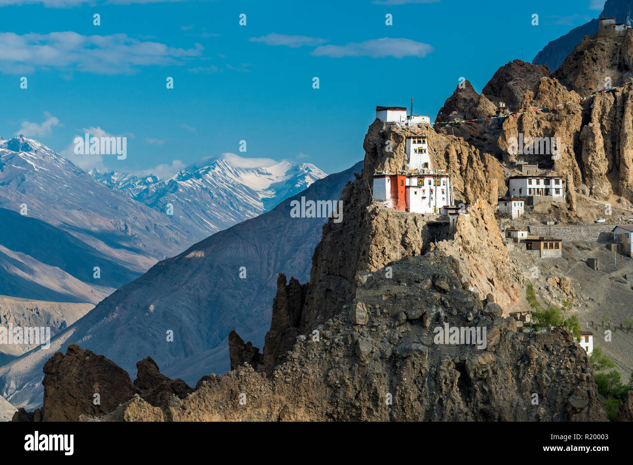 The first light of the day shining on Dankhar Gompa, a Tibetan Buddhist ...