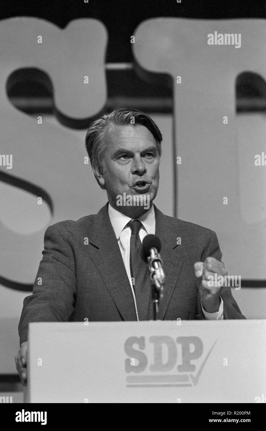 Dr David Owen driving home a point during his speech to the SDP annual ...