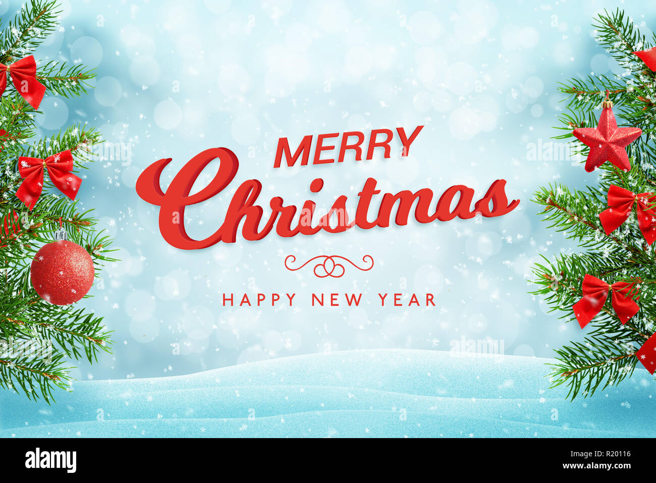 Merry Christmas and Happy New Year greeting card text on Christmas snow ...