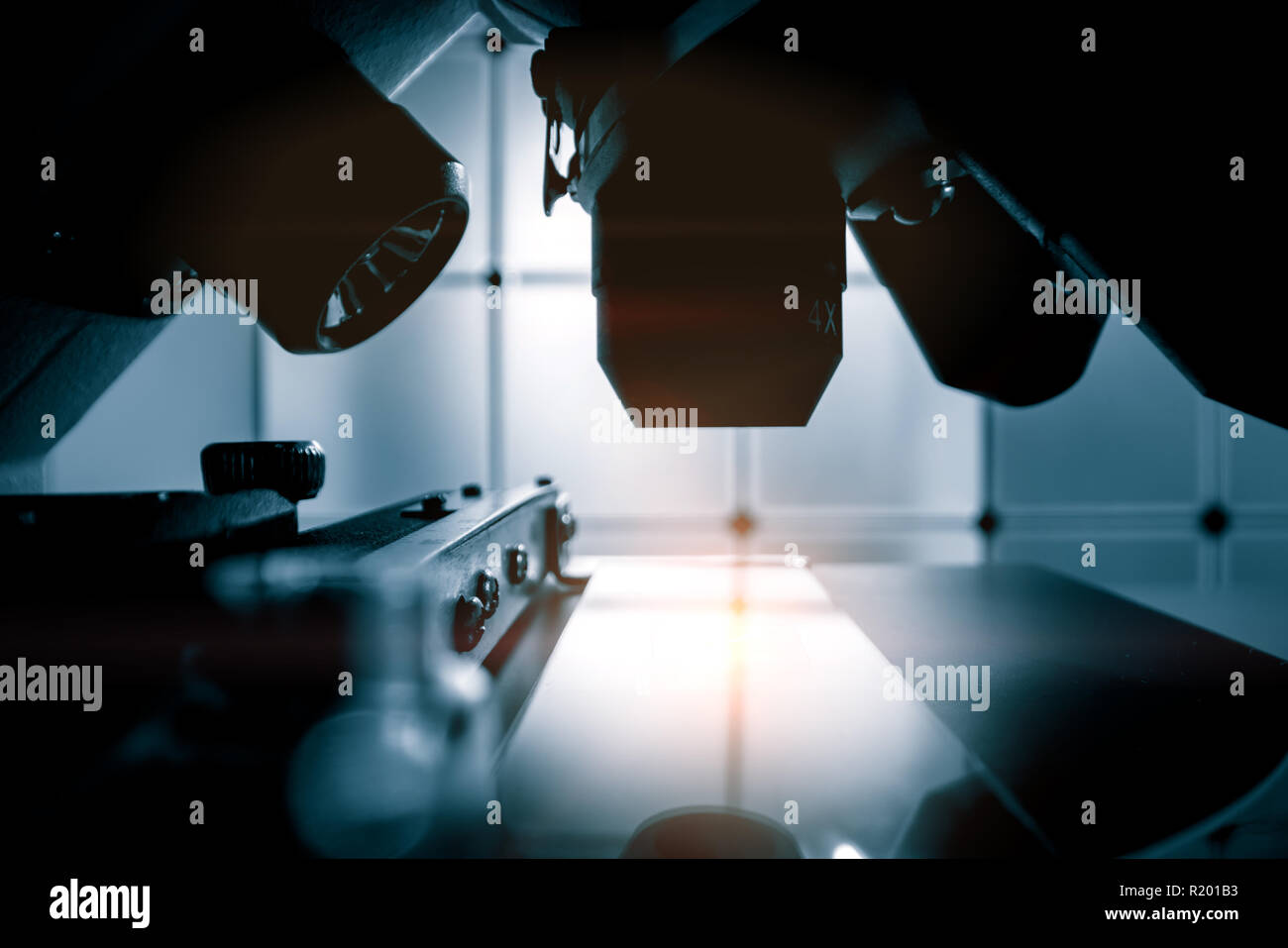 Close up microscope objective and slide Stock Photo - Alamy