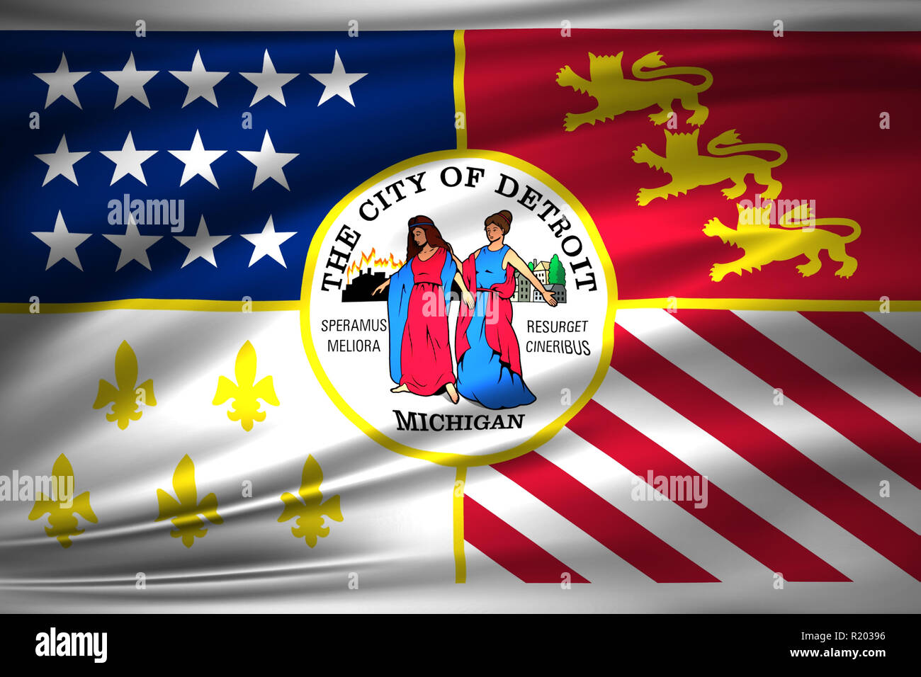 Detroit Michigan 3D waving flag illustration. Texture can be used as ...