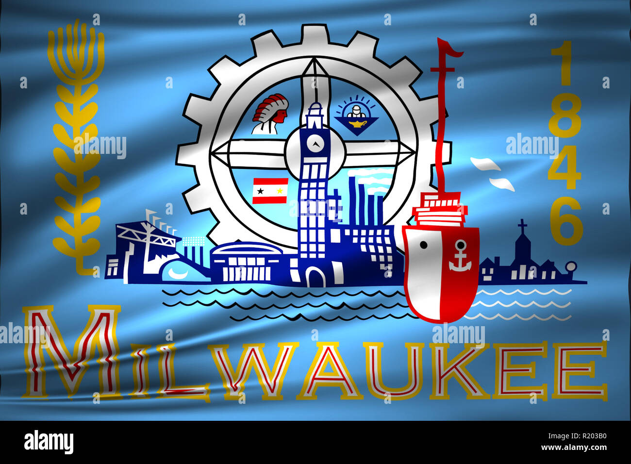 Milwaukee Wisconsin 3D waving flag illustration. Texture can be used as ...