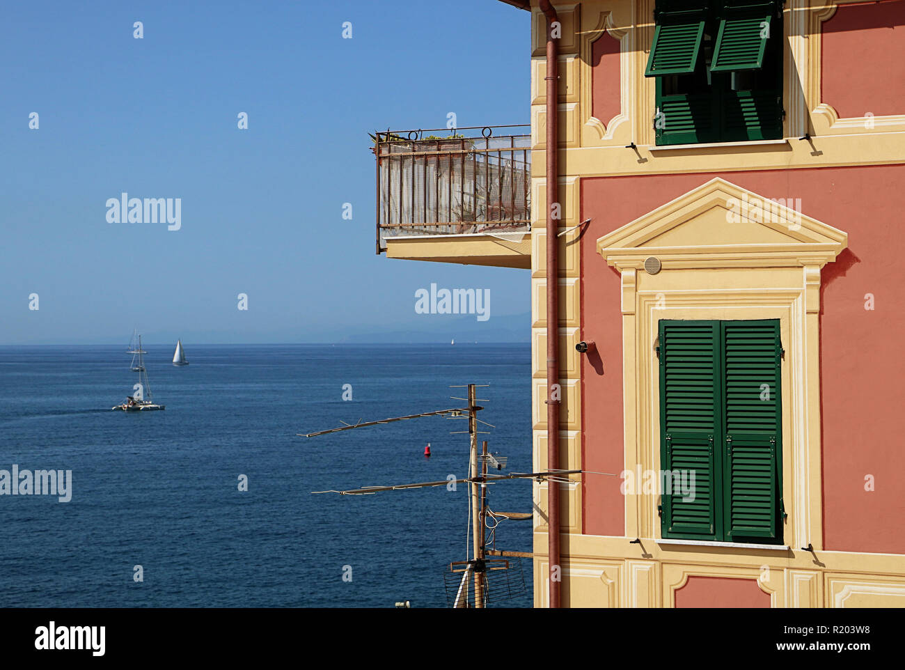 Genoa, - View of blue tigullio gulf from the rocky cape closing ...