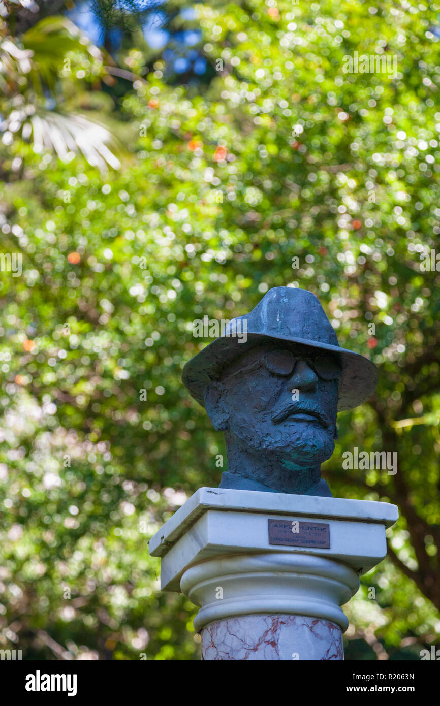 A sculpture of Axel Munthe in the garden of Villa San Michele, Anacapri ...