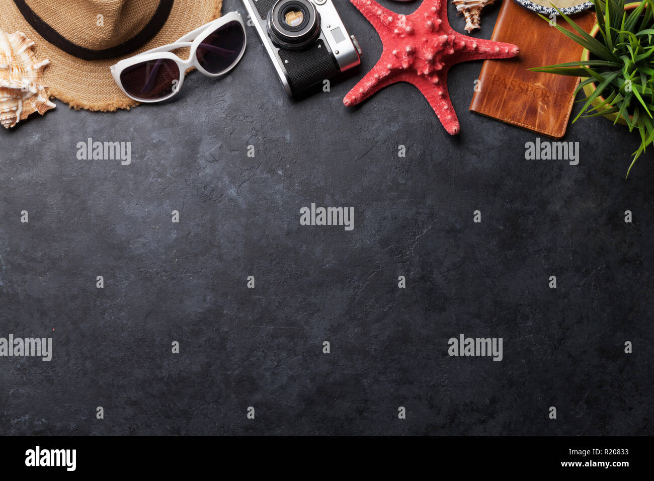 Travel vacation background concept with sunglasses, hat, passport and ...