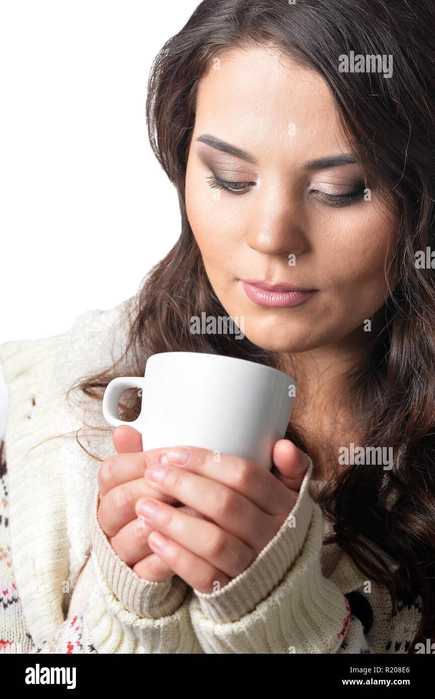 Portrait Of Beautiful Curly Woman Holding Cup On White Background Stock