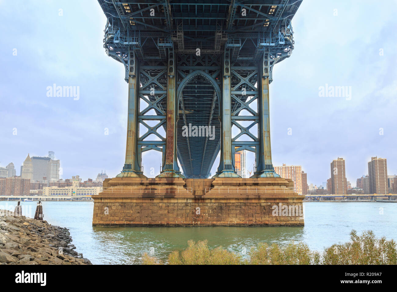 Under the Manhattan bridge from brooklyn side in New York, NY, USA ...
