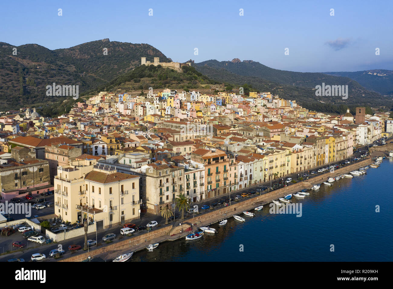 Aerial view of the beautiful village of Bosa with coloured houses. Bosa ...