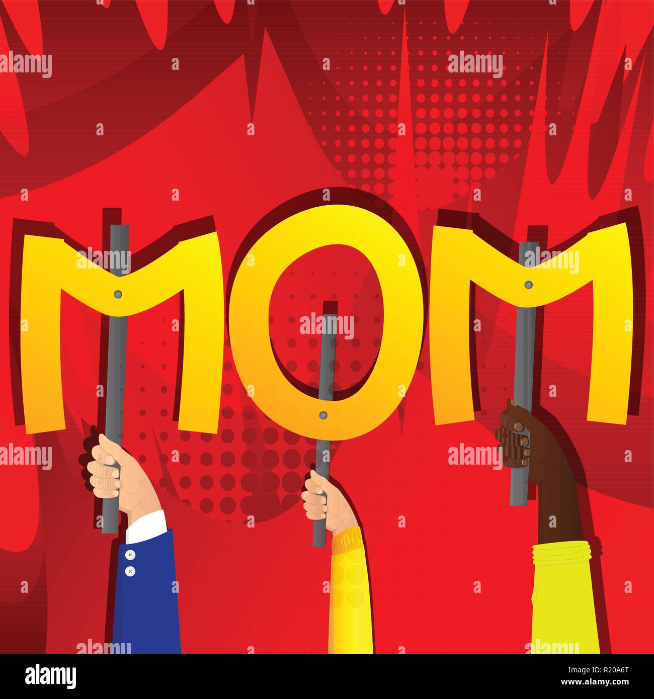 Diverse hands holding letters of the alphabet created the word Mom ...