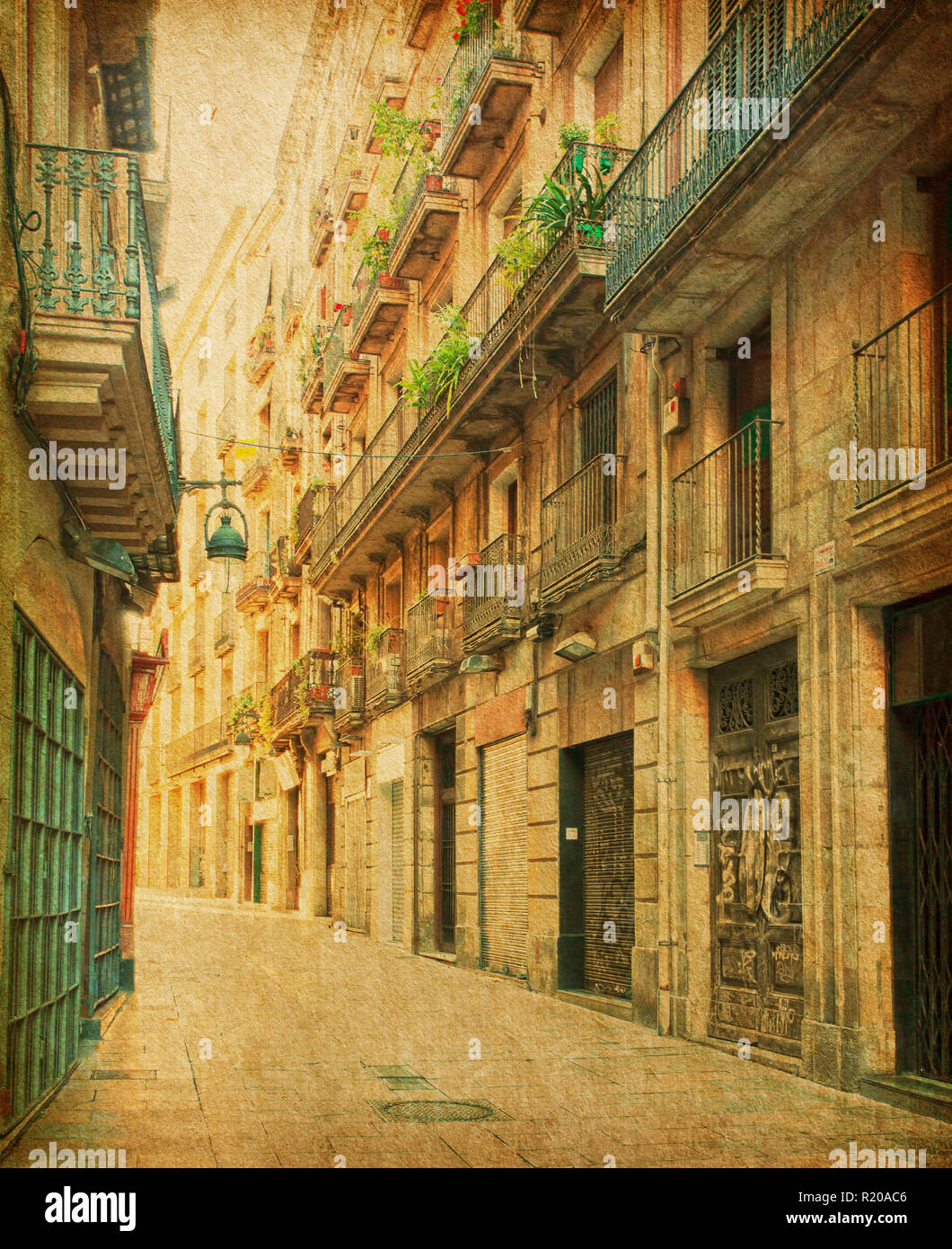 Empty alleyway in Barcelona, Spain. Photo in retro style. Paper texture ...