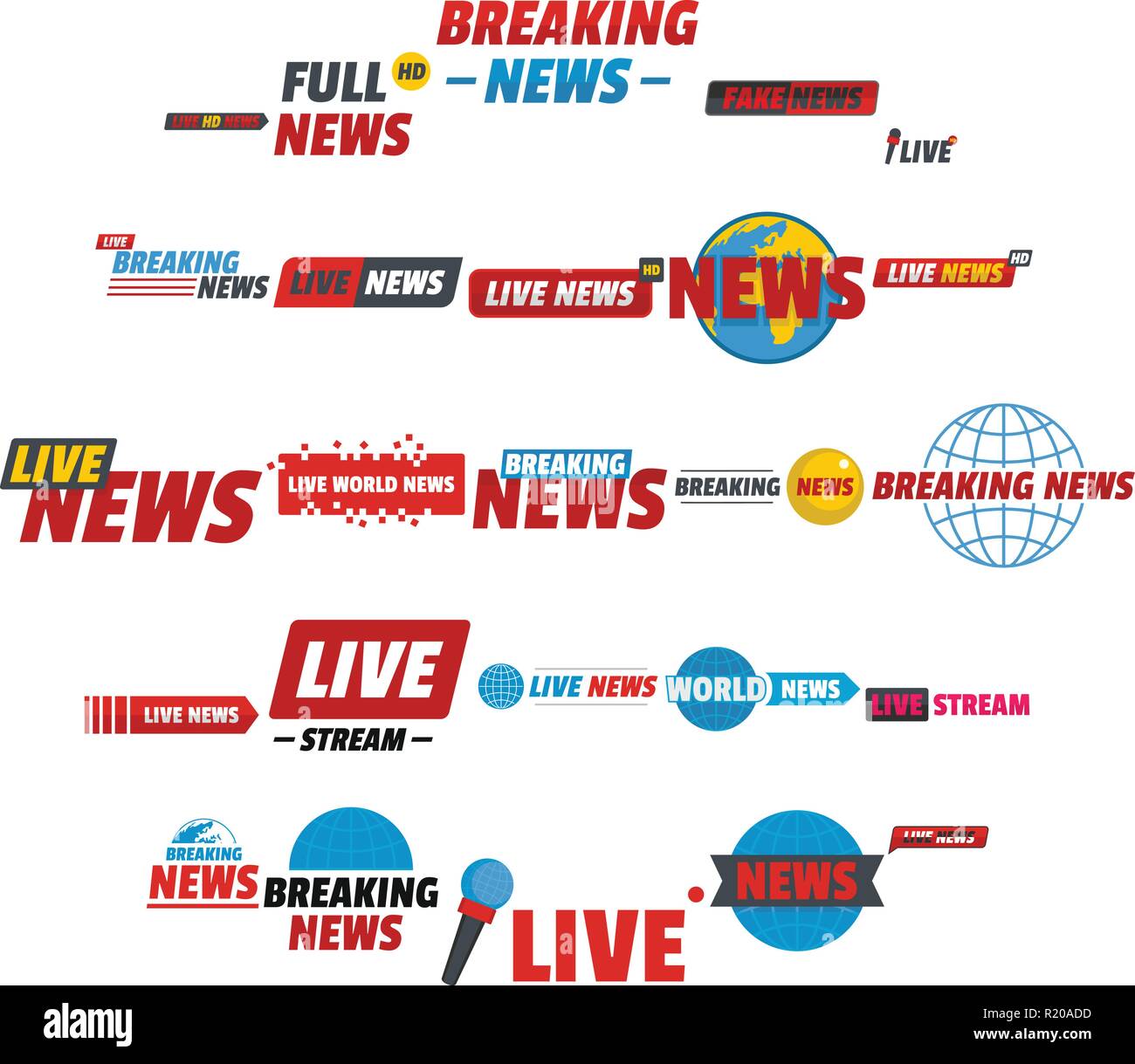 News live breaking label icons set. Flat illustration of 25 news live ...