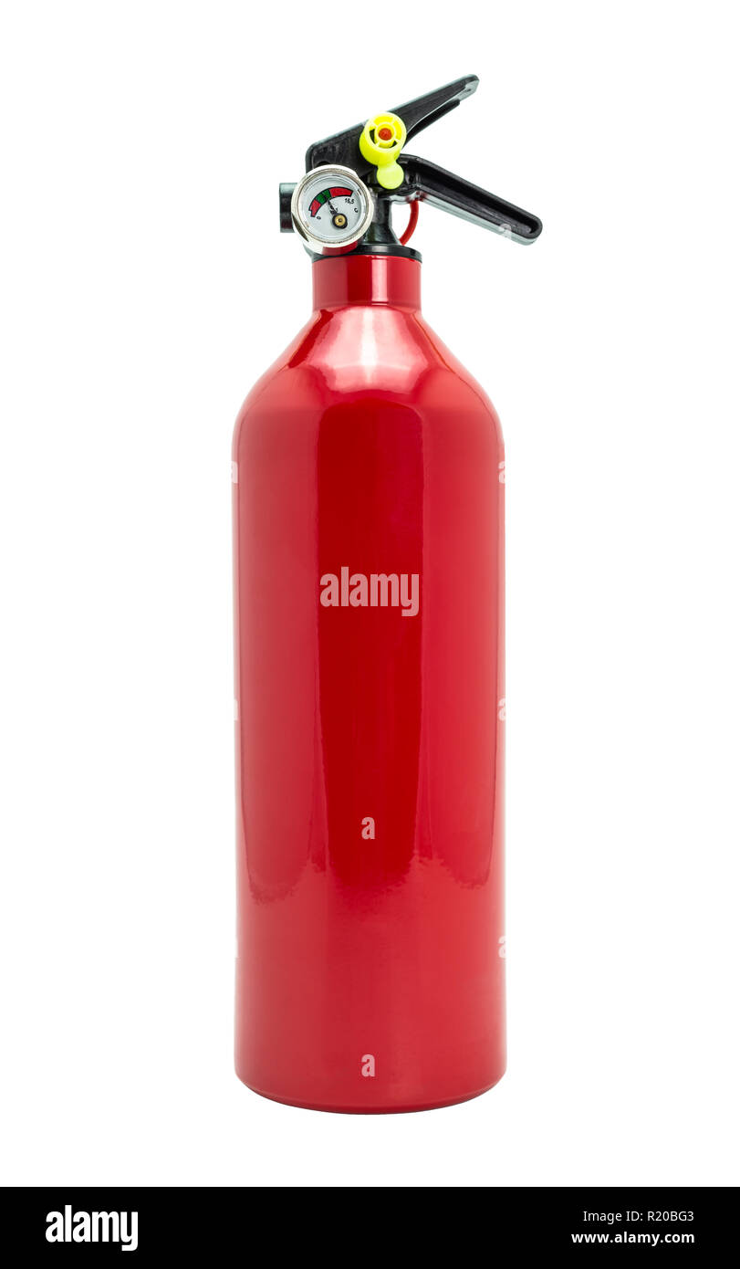 Small, manual fire extinguisher, isolated on a white background with a ...