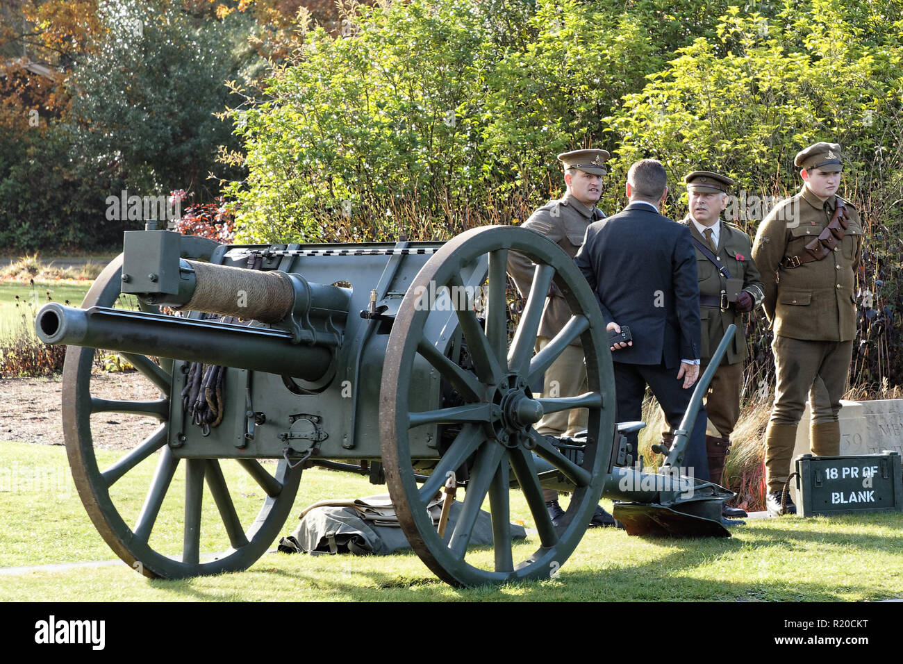 An 18 pounder field gun fired at Brookwood military cemetery to mark ...