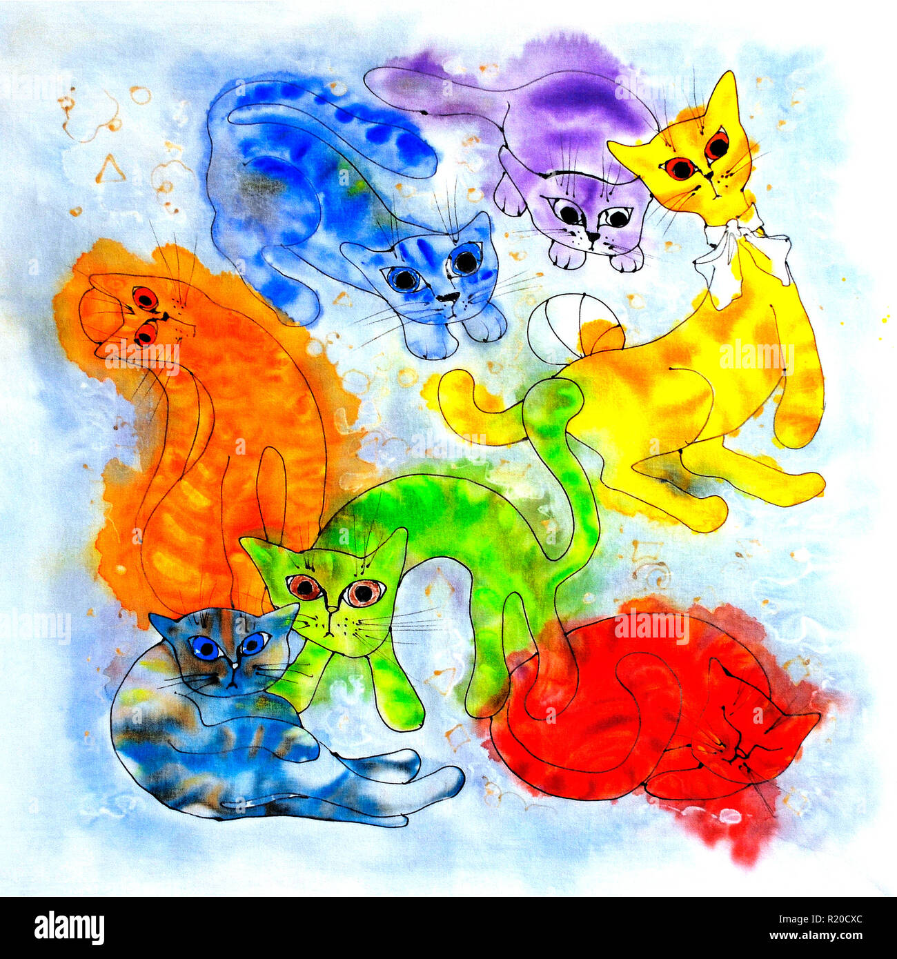 Multicolored funny cats. Sketch of ink. White background. Shawl ...