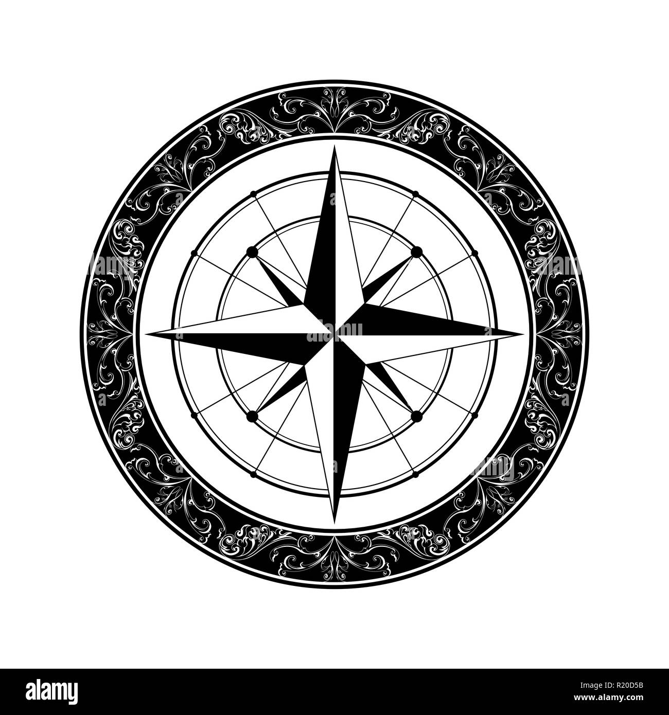 Black wind rose silhouette with floral pattern isolated on white ...