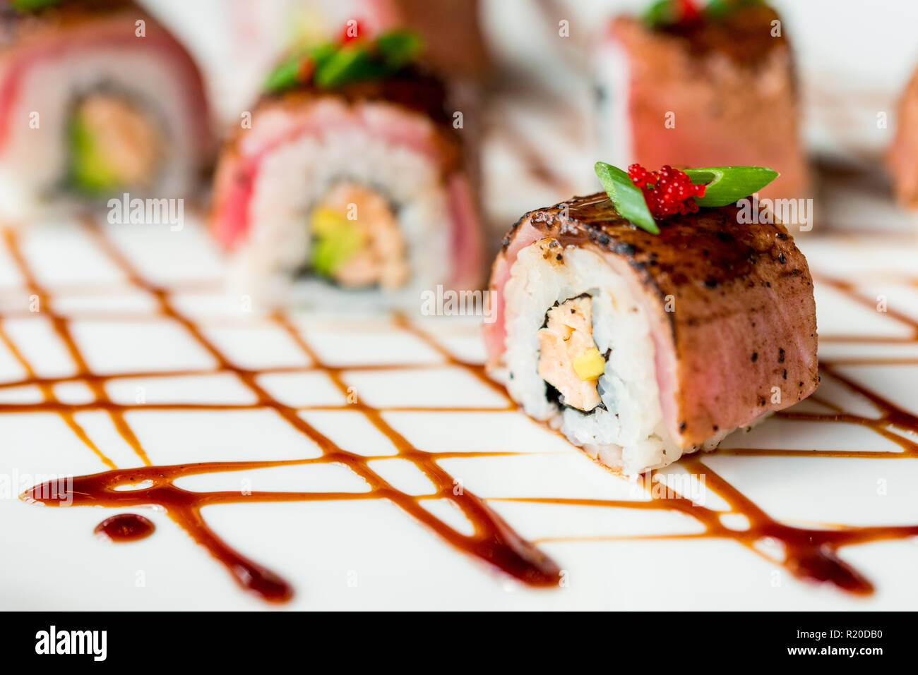 Traditional japanese sushi rolls in restaurant close up Stock Photo - Alamy