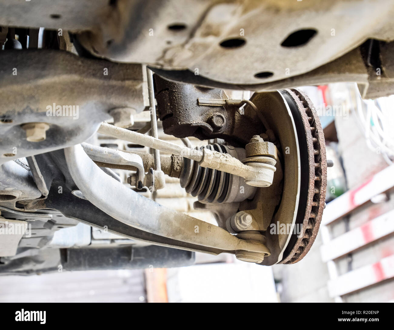 Forged car for a hundred. Car repair. Car view from below Stock Photo ...