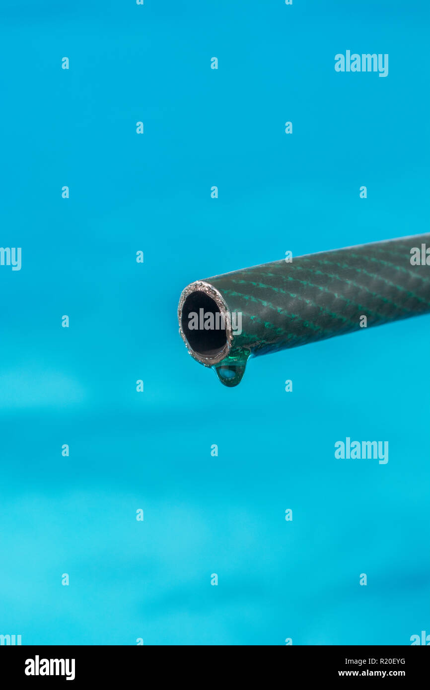 Plastic garden hosepipe / PVC hose pipe with last water drop against ...