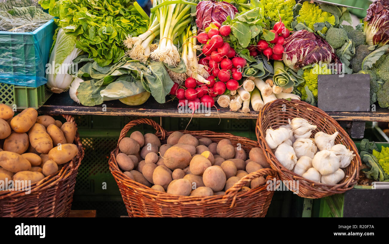 Colorful display of various vegetables in a local market in Berlin ...