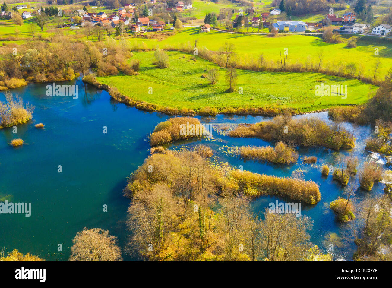 Croatian countryside landscape, Mreznica river from air, panoramic view ...