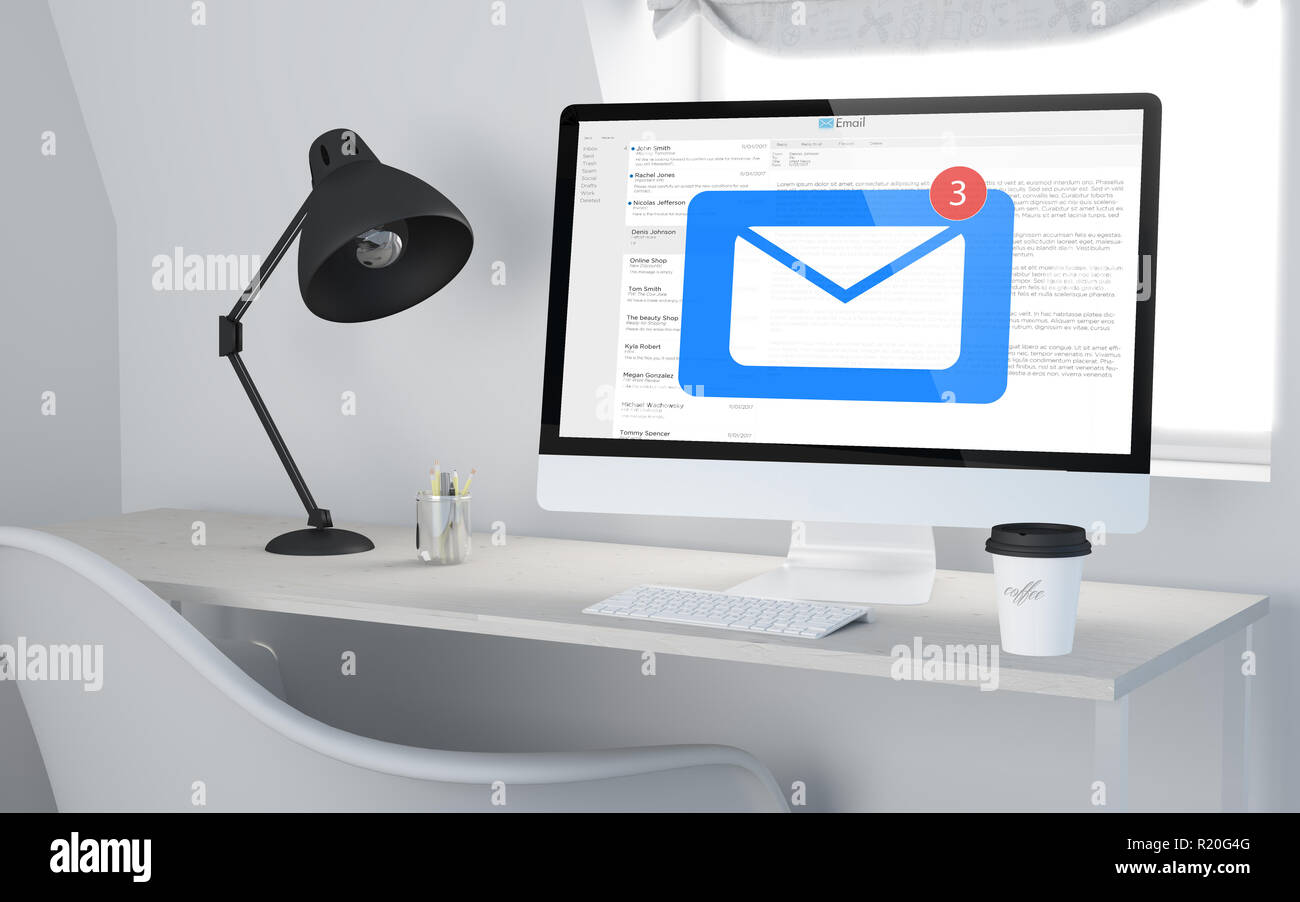 3d rendering of a desktop workplace with computer receiving mail. All ...