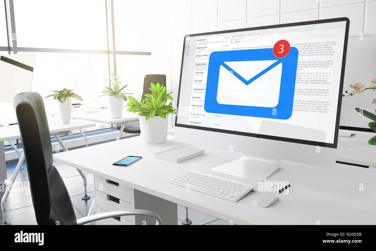computer receiving mail at modern office 3d rendering Stock Photo - Alamy