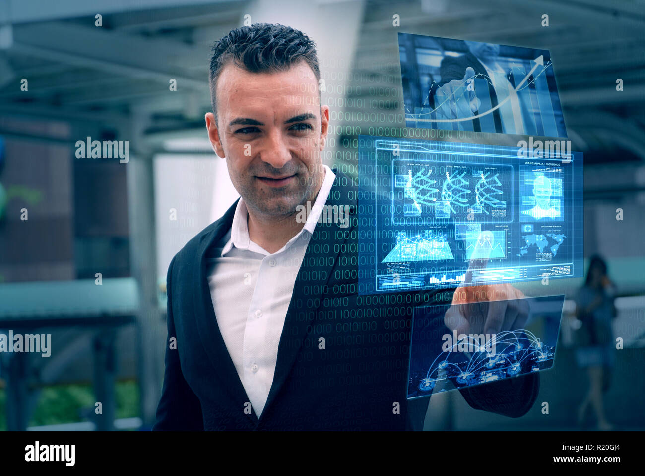 Man select data from halogram picture , futuristic technology concept ...