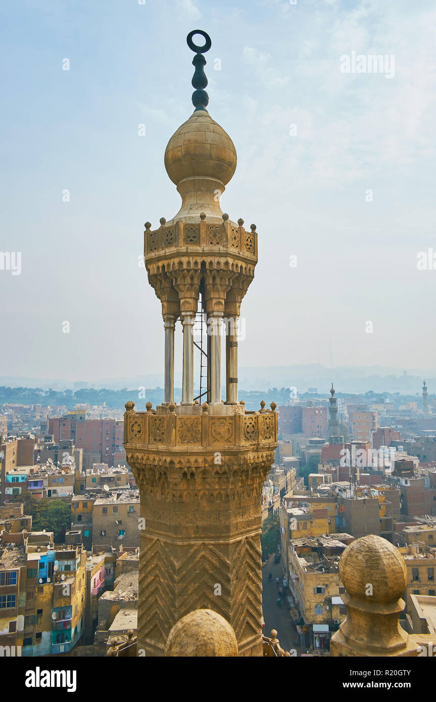 The top of the complex tower of Bab Zuwayla Gate, it's decorated with ...