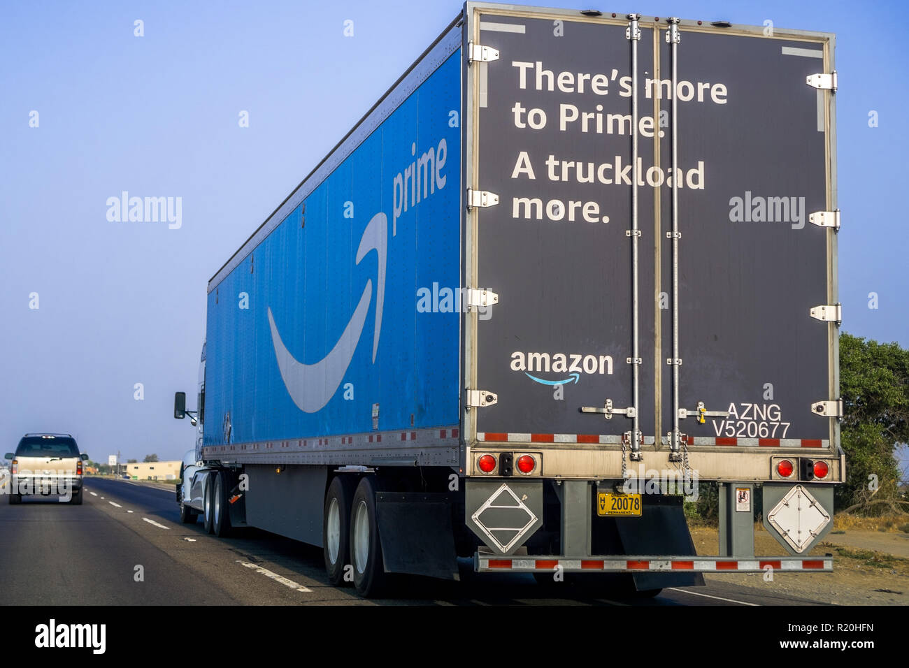 August 24, 2018 Los Banos / CA / USA - Amazon truck driving on the ...