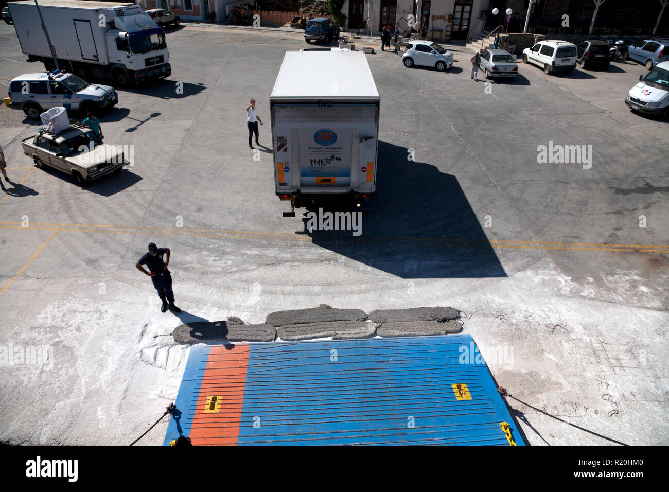 lorry loading onto car ferry at korissia kea cyclades greece Stock ...